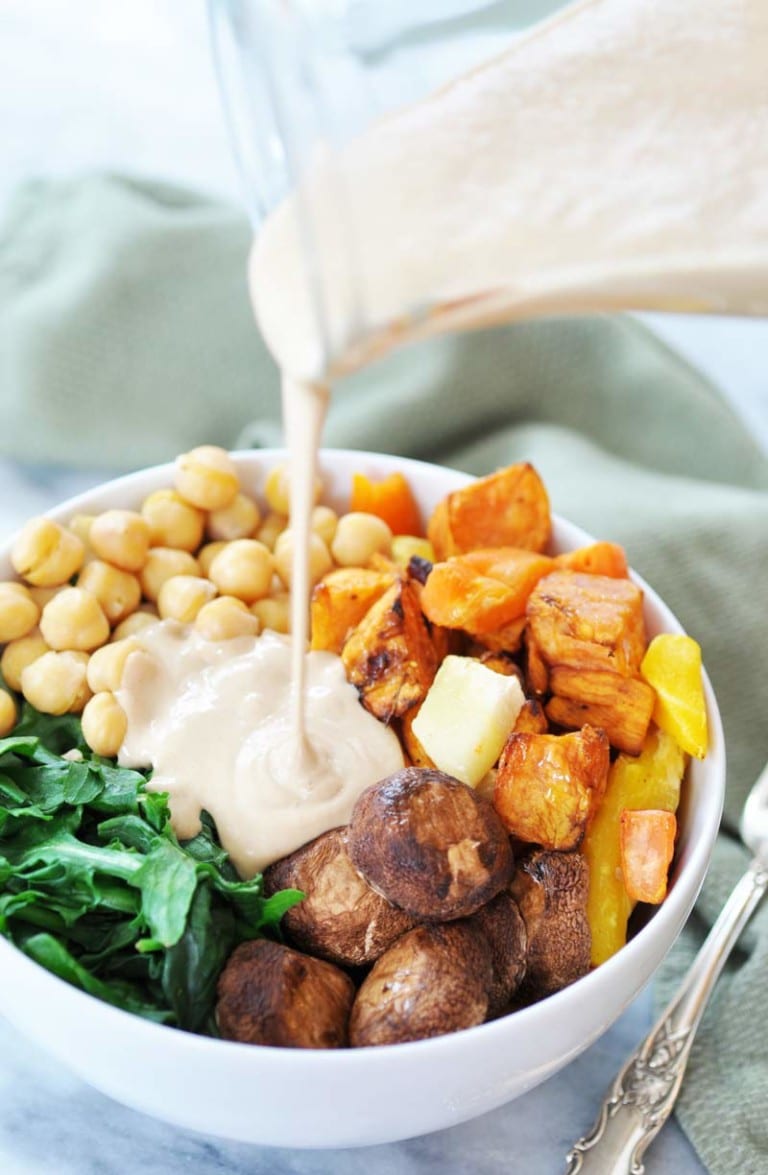 Root Vegetable Power Bowl with Roasted Garlic Tahini Dressing - Veganosity